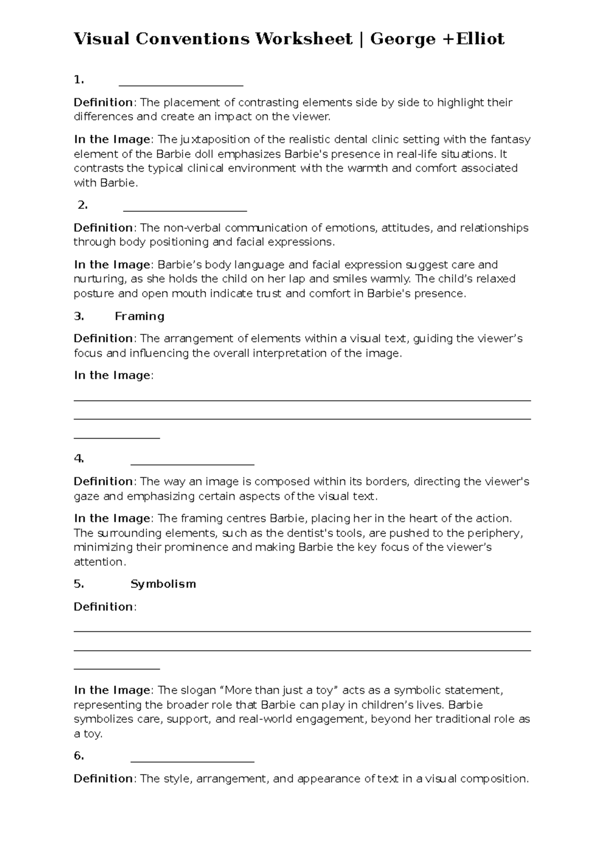 Visual Conventions Worksheet - _______________________ Definition: The ...