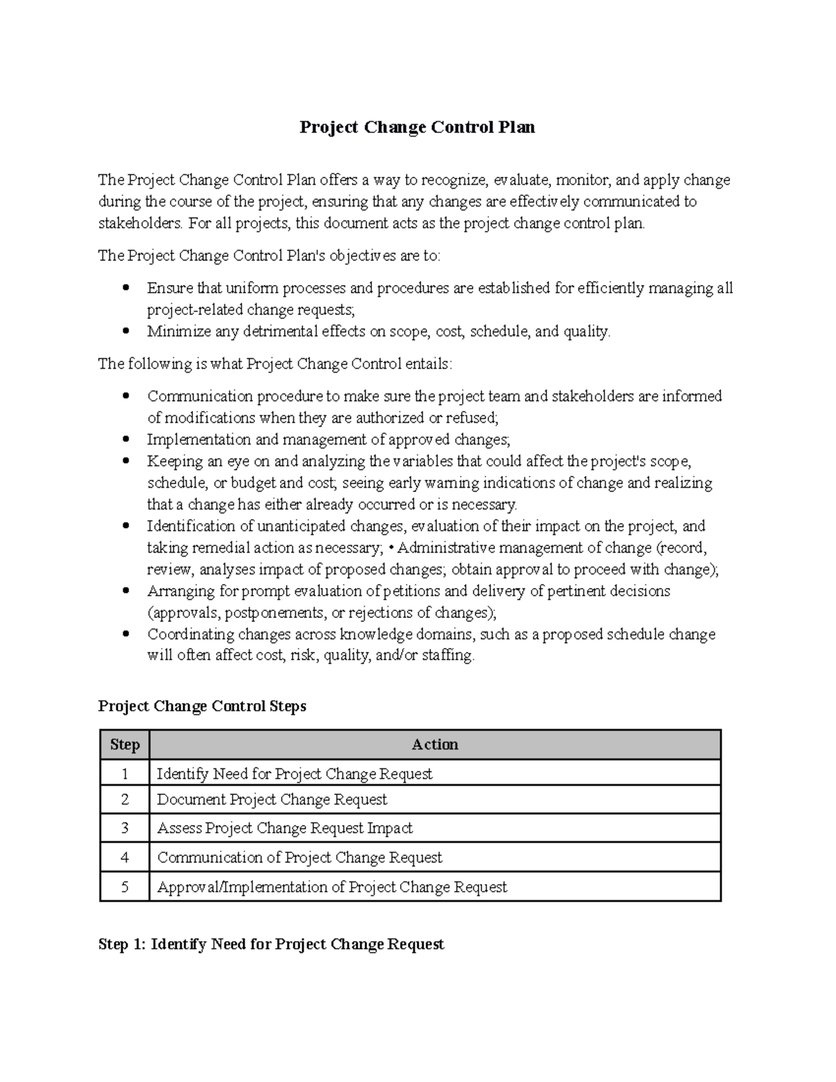 Project Change Control Plan - For all projects, this document acts as ...