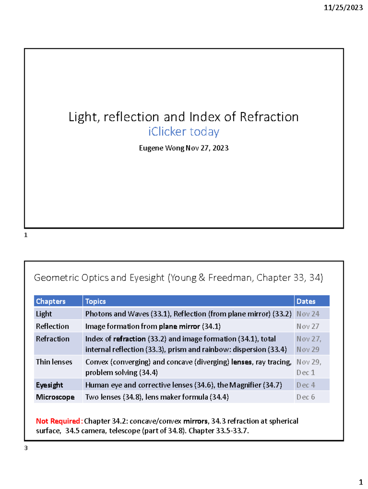 Optics 1 Nov 27 2023 Reflection and Refraction prelecture - Light ...
