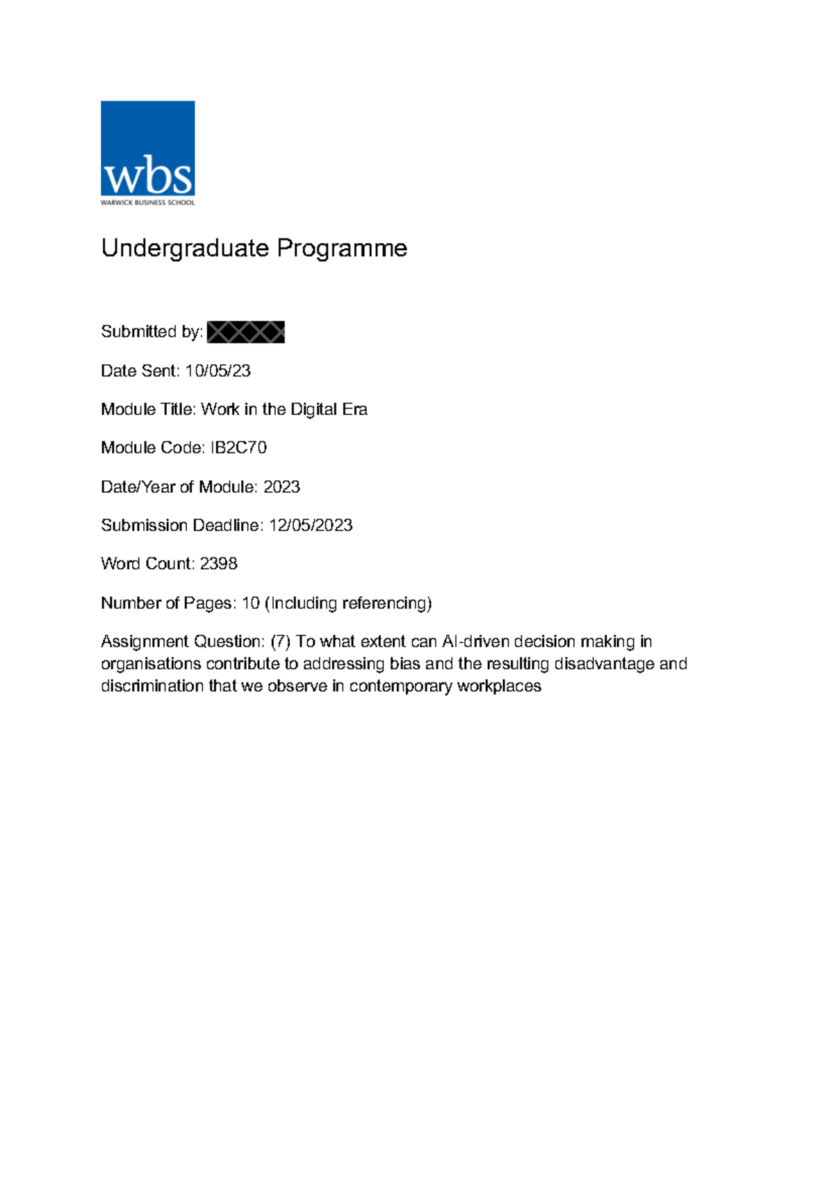 Work in Digital Era essay - Undergraduate Programme Submitted by: Date Sent: 10/ 0 5/ Module ...