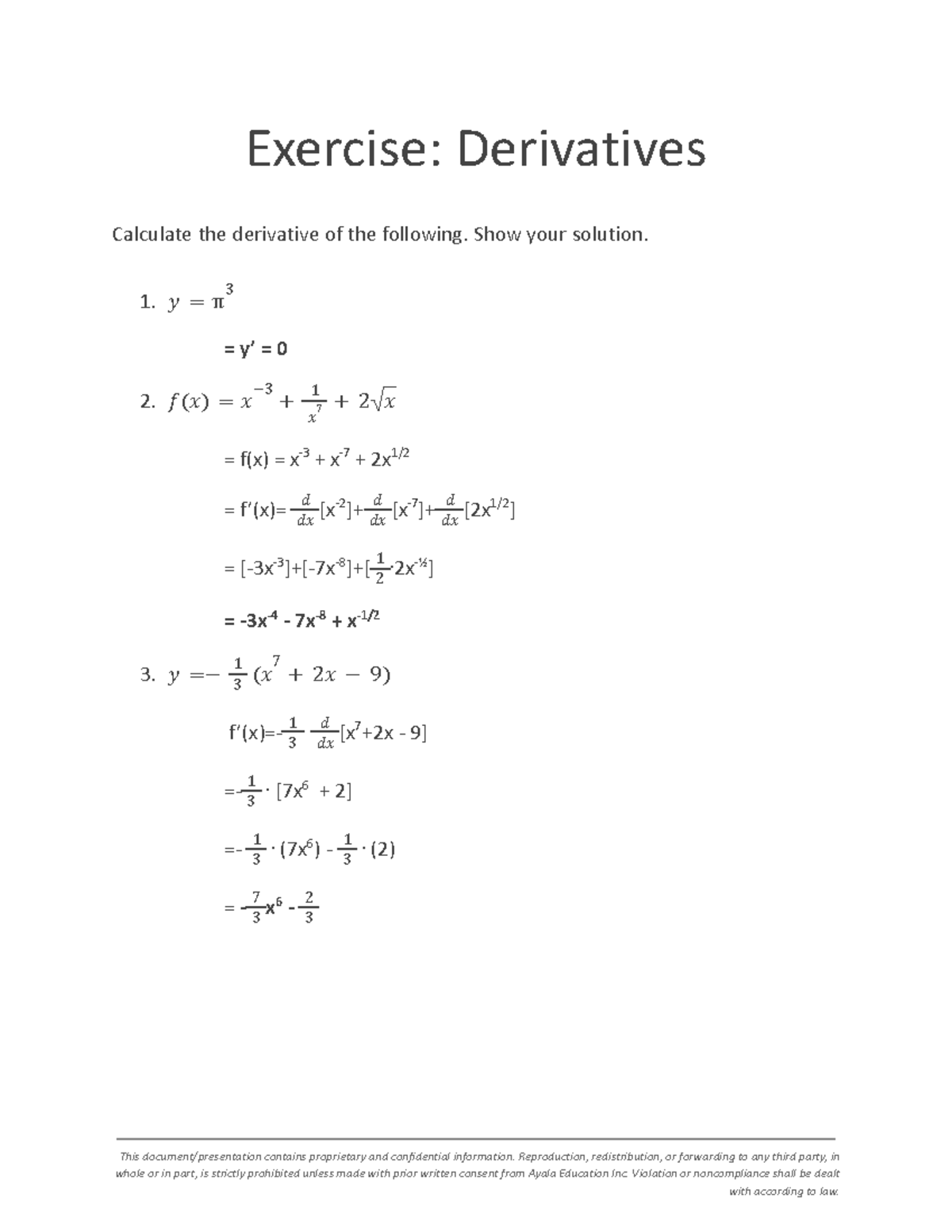 Calculus Exercise Derivatives - Exercise: Derivatives Calculate the ...