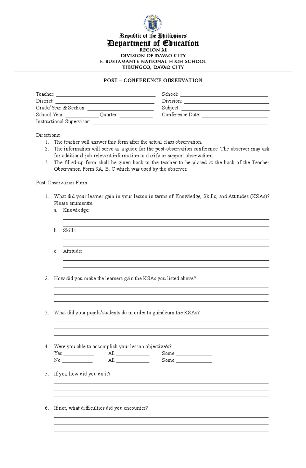 POST- Conference Observation - POST – CONFERENCE OBSERVATION Teacher ...