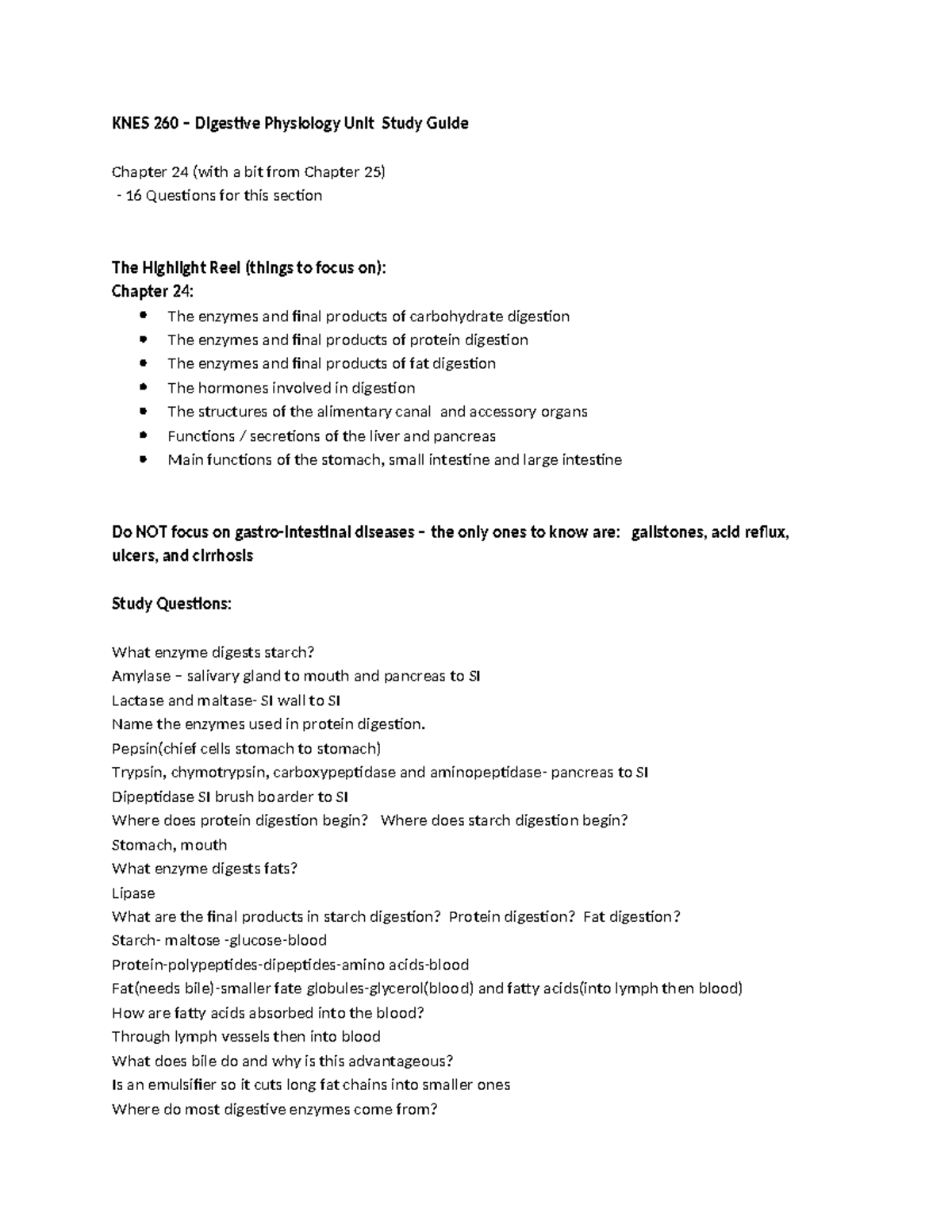 Study guide - Digestive - KNES 260 – Digestive Physiology Unit Study ...