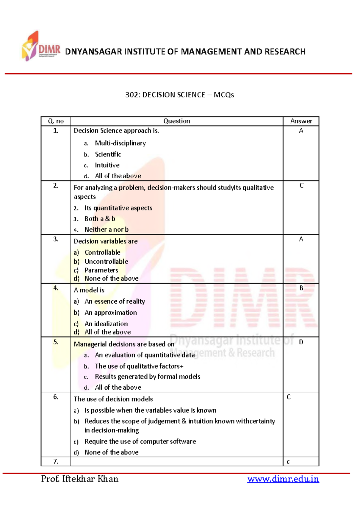 302 DS MCQ 2019 min - Decision science - 302: DECISION SCIENCE – MCQs Q ...