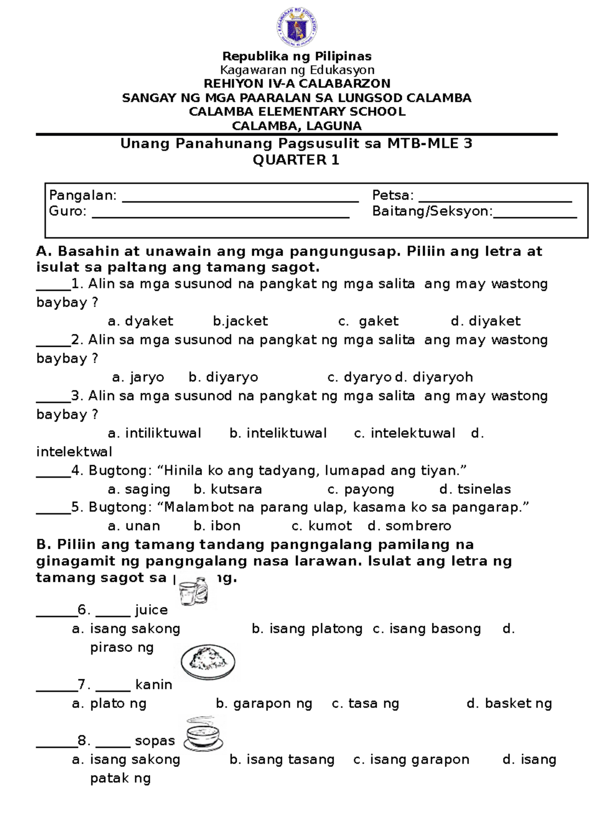 Unang Panahunang Pagsusulit MTB MLE - Republika ng Pilipinas Kagawaran ...