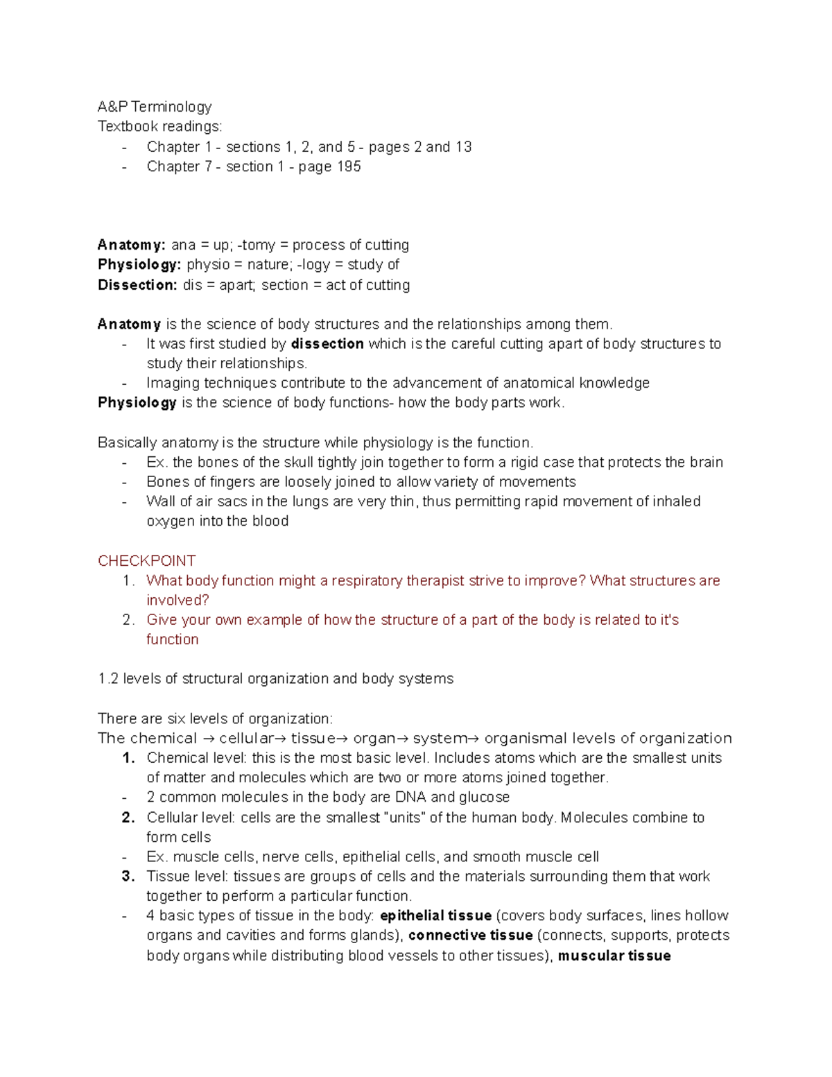 Anatomy and Physiology - lecture 1 - A&P Terminology Textbook readings ...