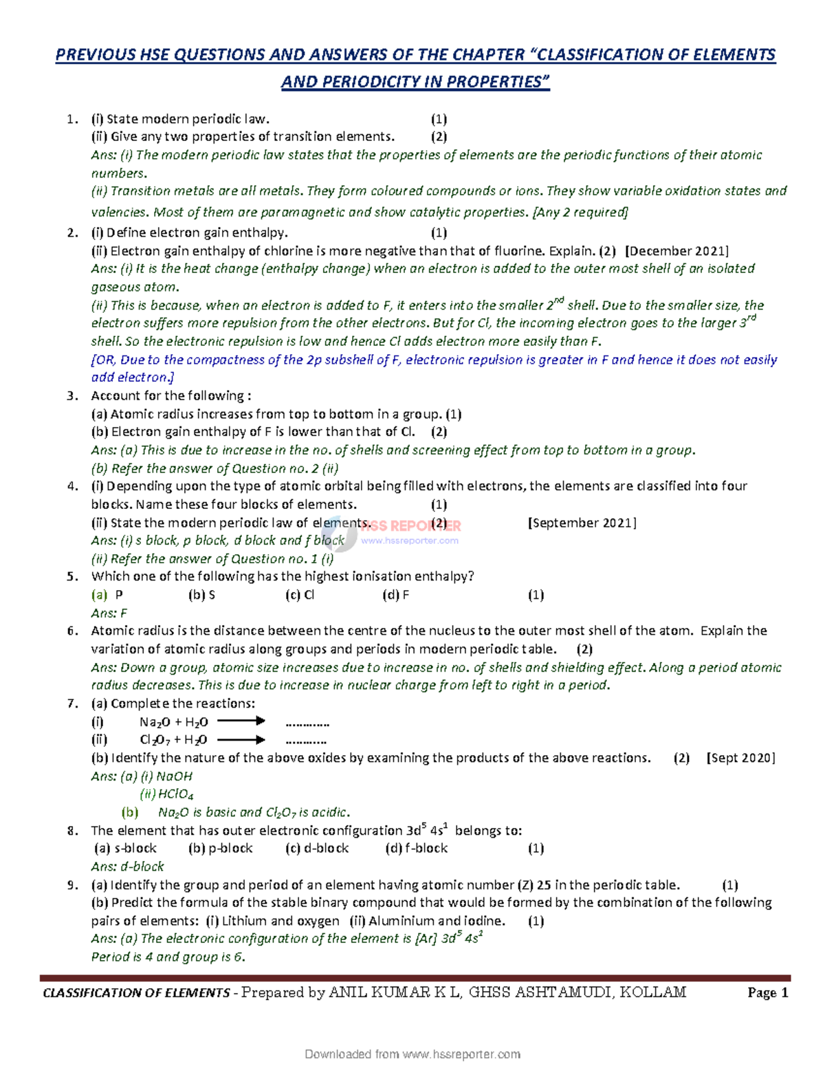 Che ch 3 qb - CLASSIFICATION OF ELEMENTS - Prepared by ANIL KUMAR K L ...