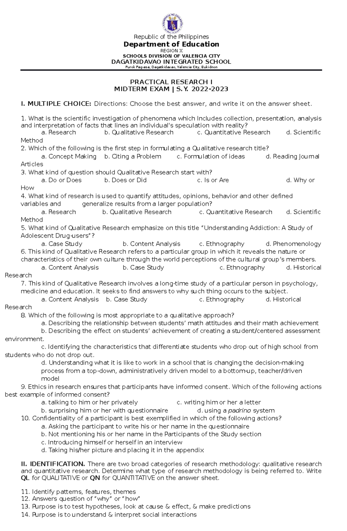 Practical Research 1 Midterm EXAM 2023 - Republic of the Philippines ...