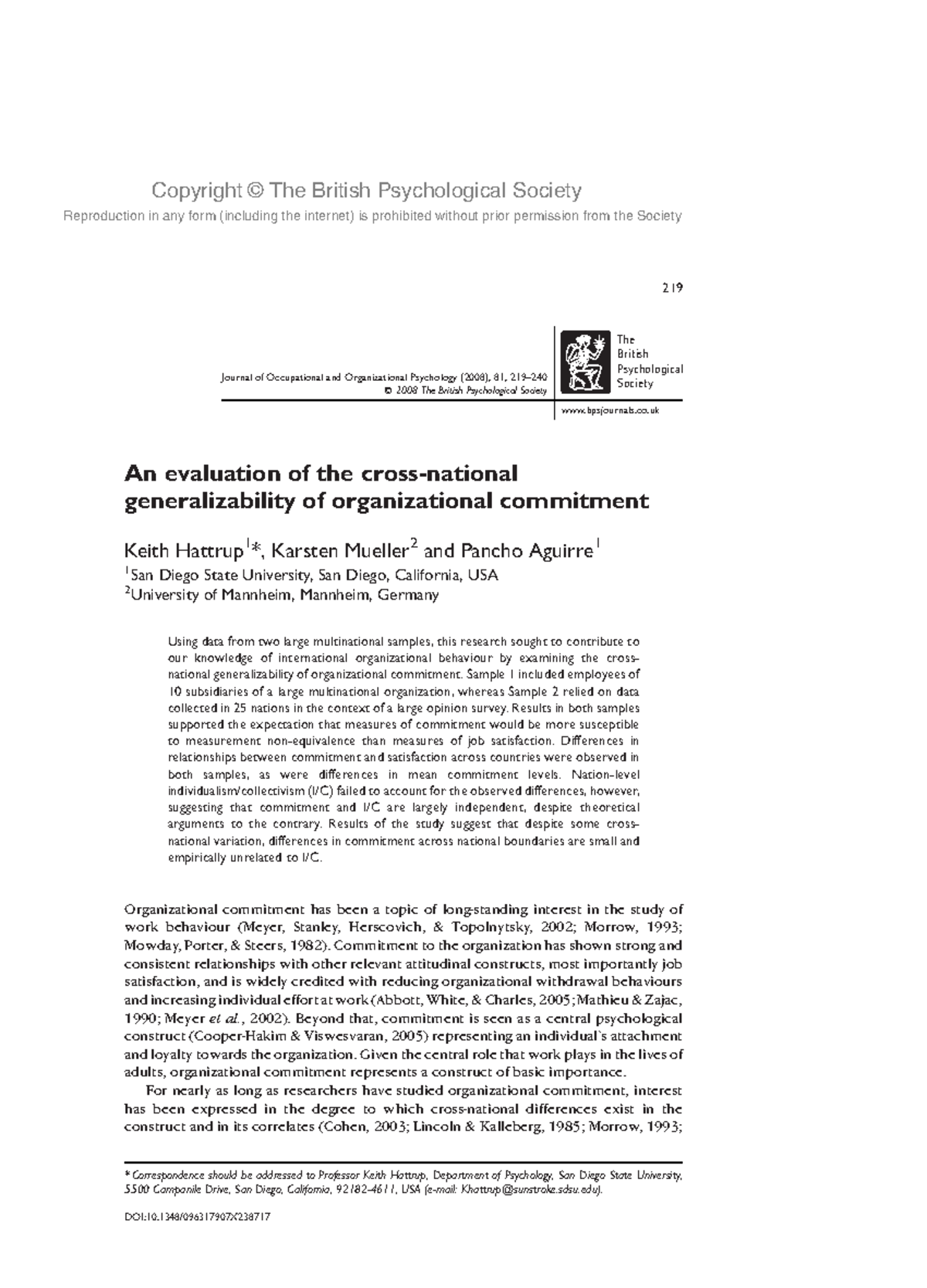 Hattrup Et Al 2008 JOOP81 2 Cross Nat Generaliz Org Commit - Reproduction in any form (including ...