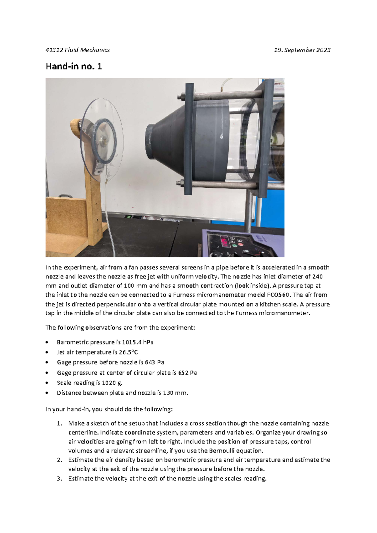 Hand-in 1 - 41312 Fluid Mechanics 19. September 2023 Hand-in no. 1 In ...