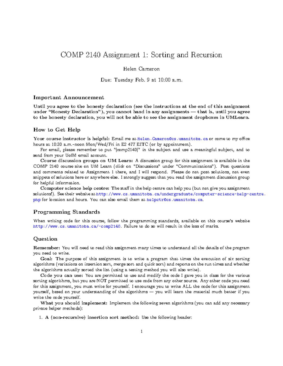 A1-COMP2140-Winter 2016 - COMP 2140 Assignment 1: Sorting and Recursion Helen Cameron Due ...