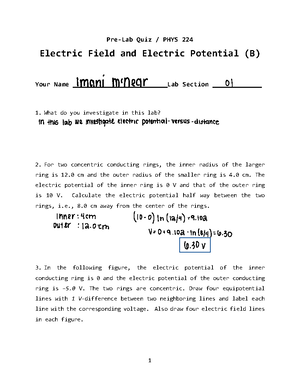 Phys 224 lab 2 - lab - Shayleigh Smith Lab 2: Electric Field in ...
