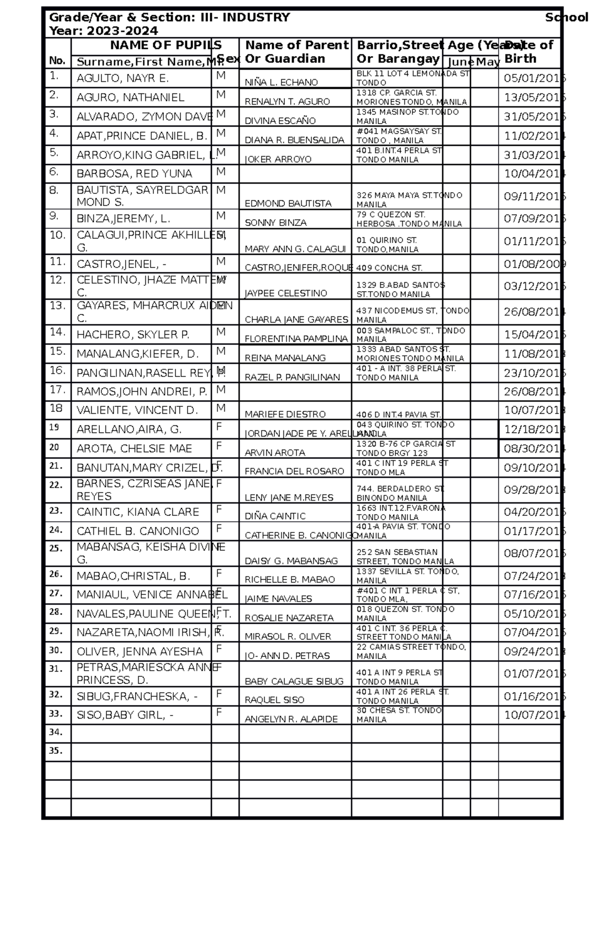 Form 1 Template Diligence - Grade/Year & Section: III- INDUSTRY School ...