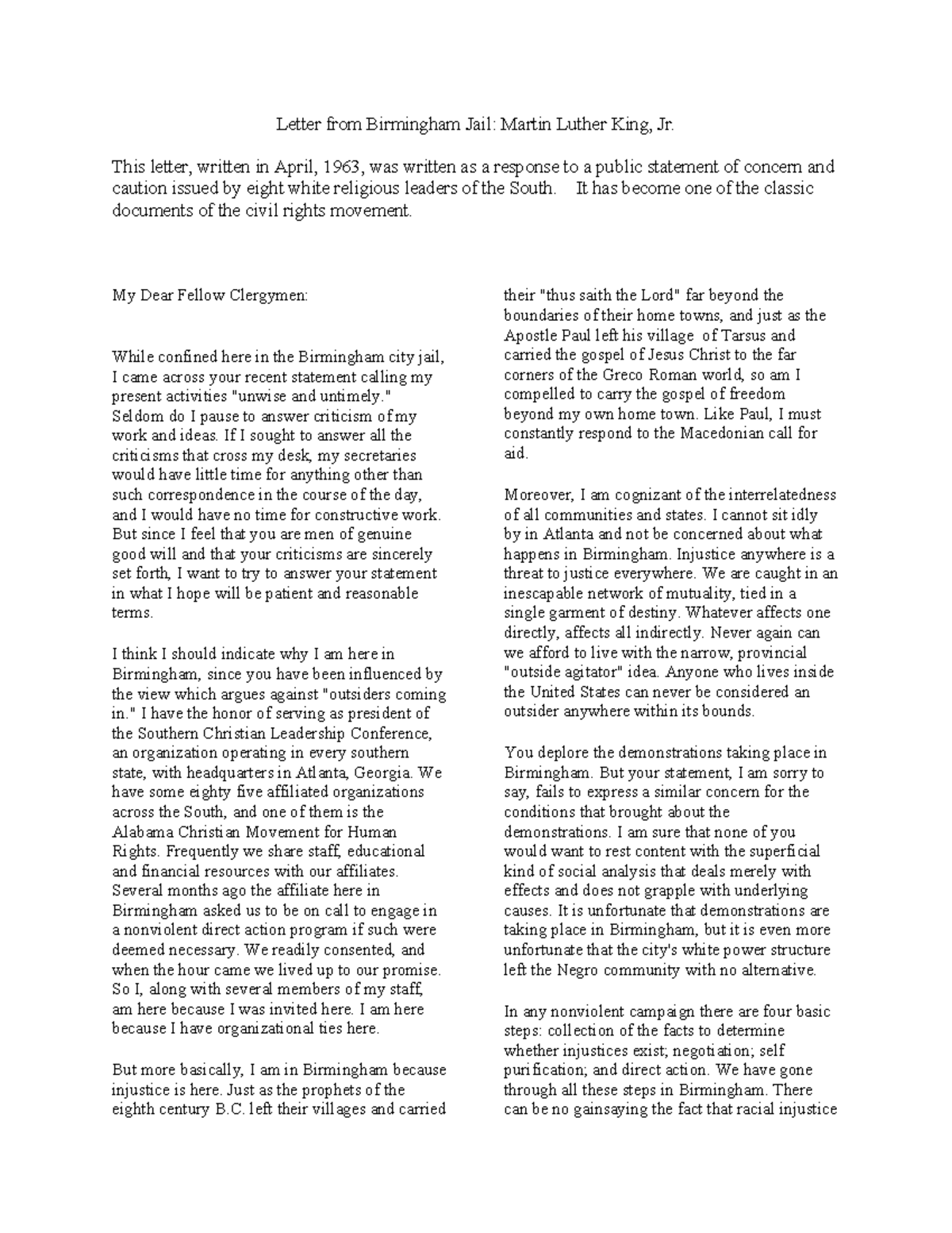 Letter TEXT - hubhubuhb - Letter from Birmingham Jail: Martin Luther ...