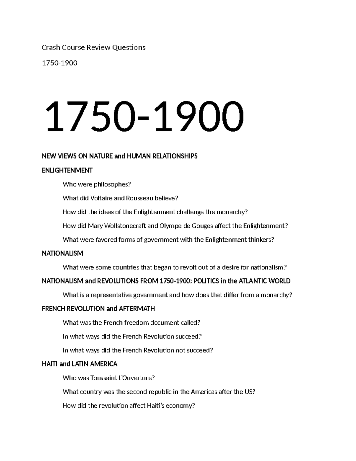 Crash Course 1750-1900 Review Questions - Crash Course Review Questions ...