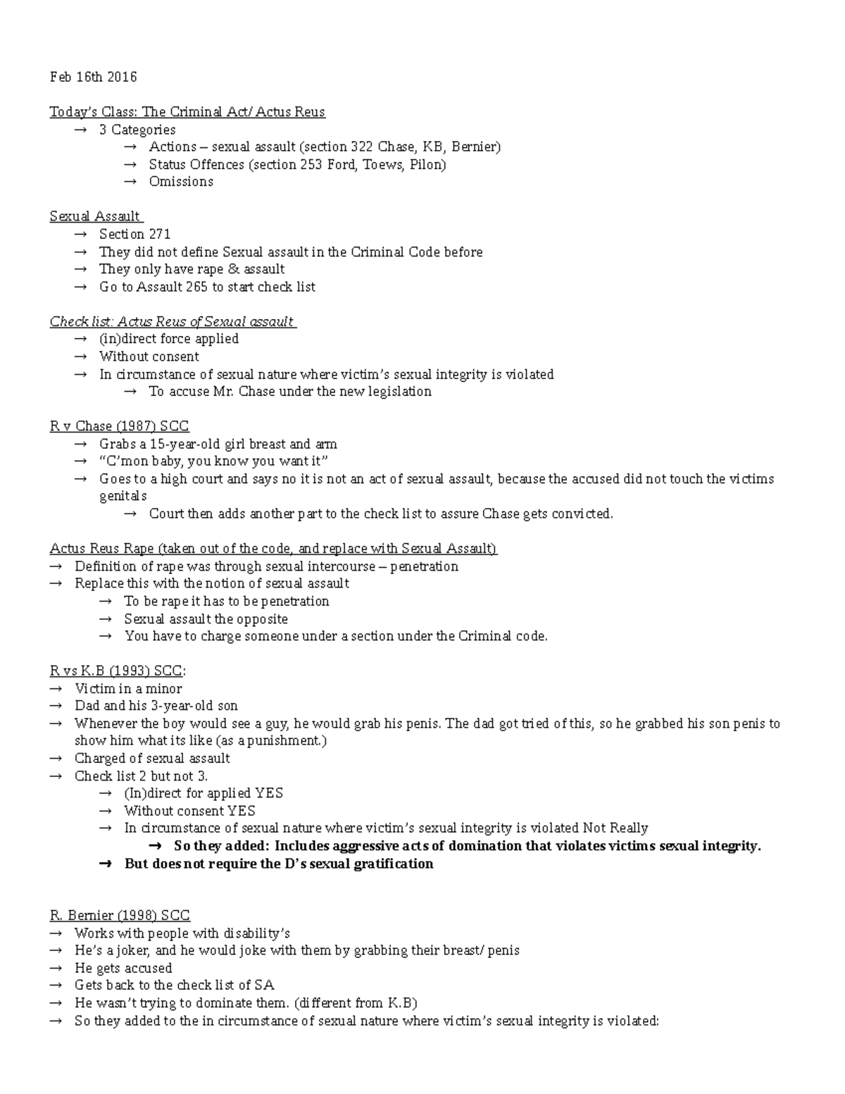 Crm2300 Lecture Notes Part 8 Feb 16th 2016 Today S Class The Criminal Act Actus Reus 3