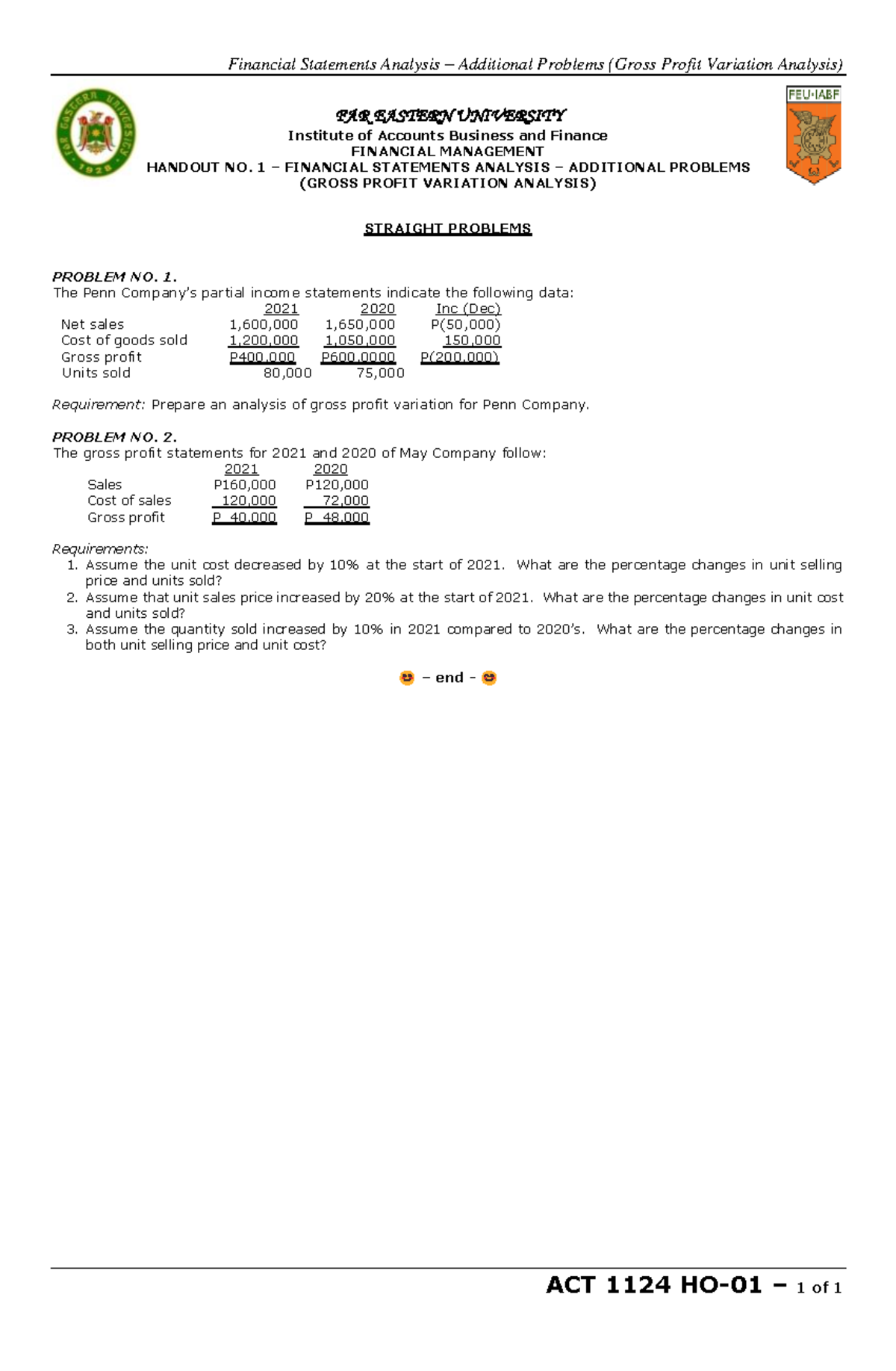 HO No. 3 - Financial Statements Analysis - Additional Problems ...