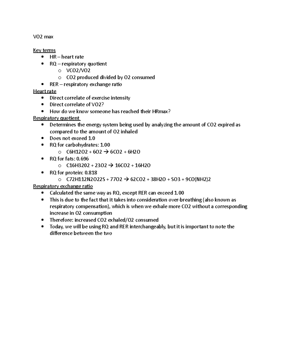 Exercise science ch 8 - ch 8 - VO2 max Key terms HR – heart rate RQ ...