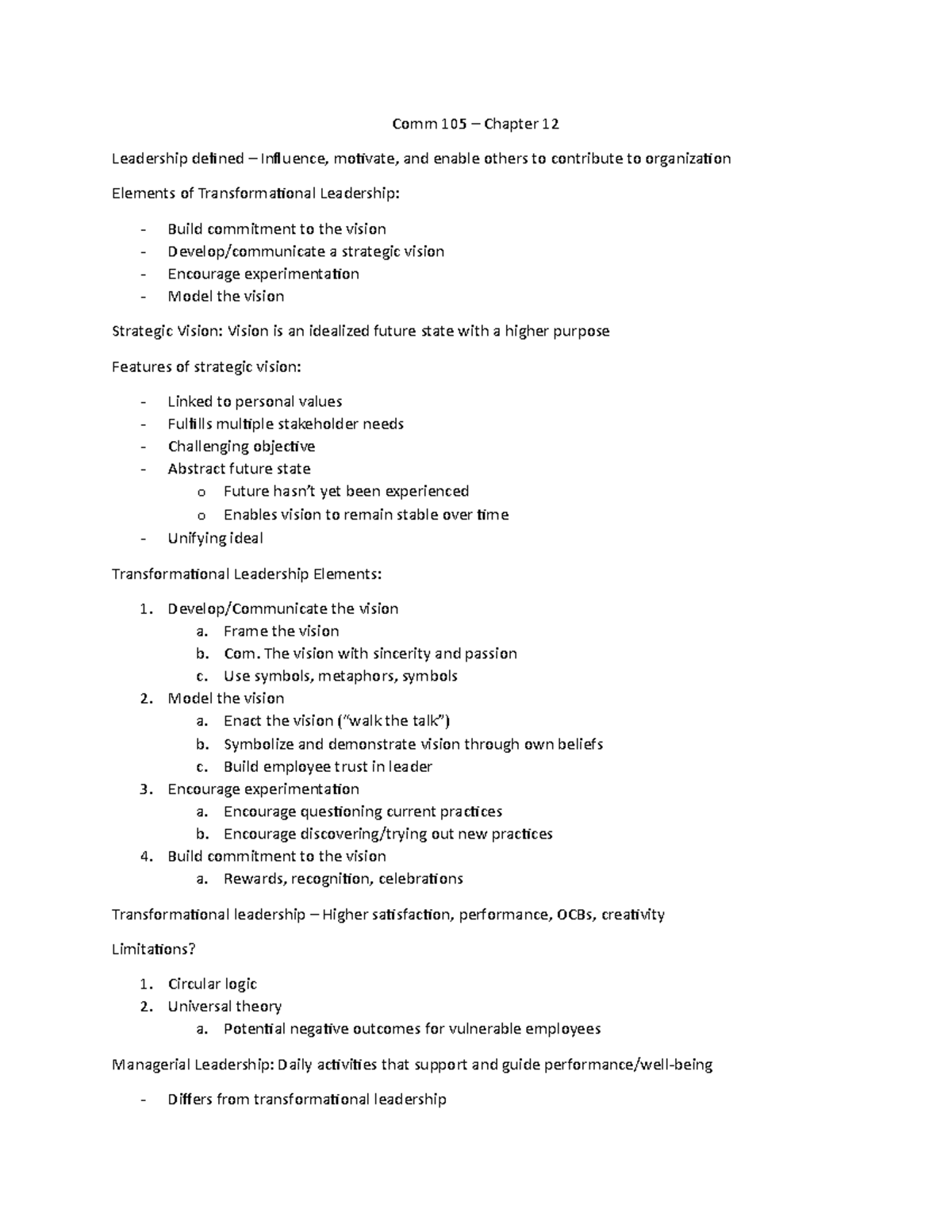 Comm 105 - CH. 12 - Lecture notes 10 - Comm 105 – Chapter 12 Leadership ...