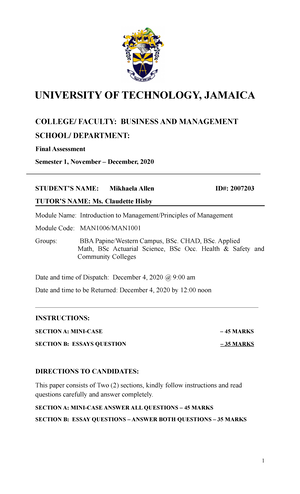 ITM UNIT 2 Tutorial Sheet - UNIVERSITY OF TECHNOLOGY, JAMAICA SCHOOL OF BUSINESS ADMINISTRATION ...