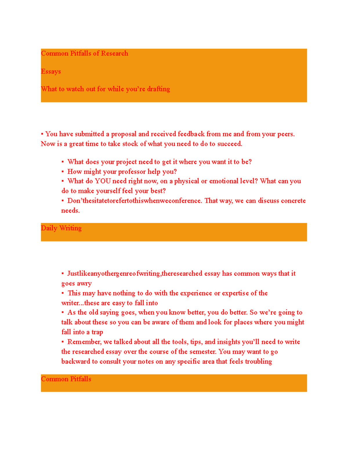 En 8 - extra essay notes - Common Pitfalls of Research Essays What to ...