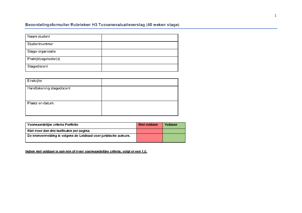 Rubrics H3 Tussenevaluatieverslag 40 weken stage - Beoordelingsformulier Rubrieken H3 - Studeersnel