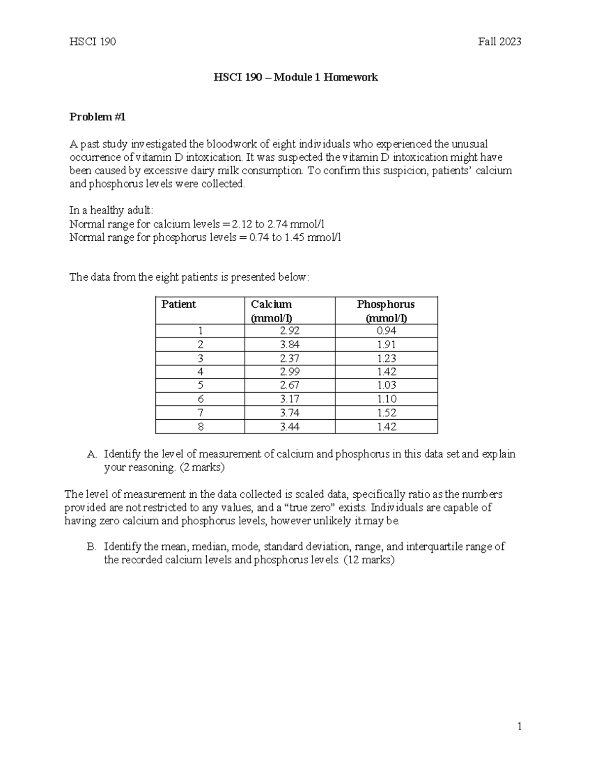 F23 - Module 01 Homework Assignment - HSCI 190 – Module 1 Homework Problem A past study ...