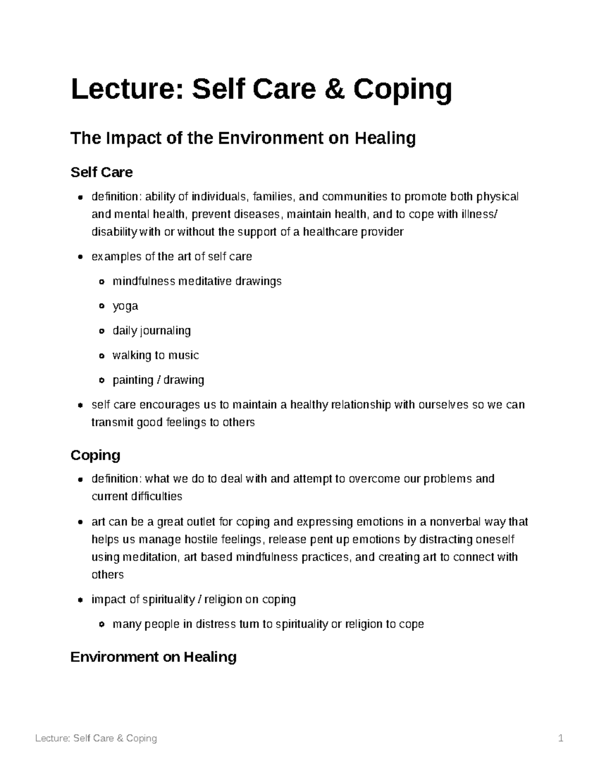 Lecture Self Care Coping - Lecture: Self Care & Coping 1 Lecture: Self ...