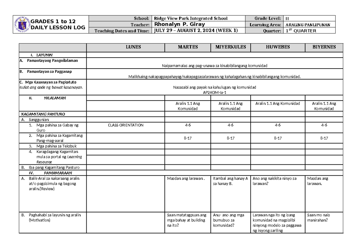 DLL Araling- Panlipunan-2 Q1 W1 - GRADES 1 to 12 DAILY LESSON LOG ...