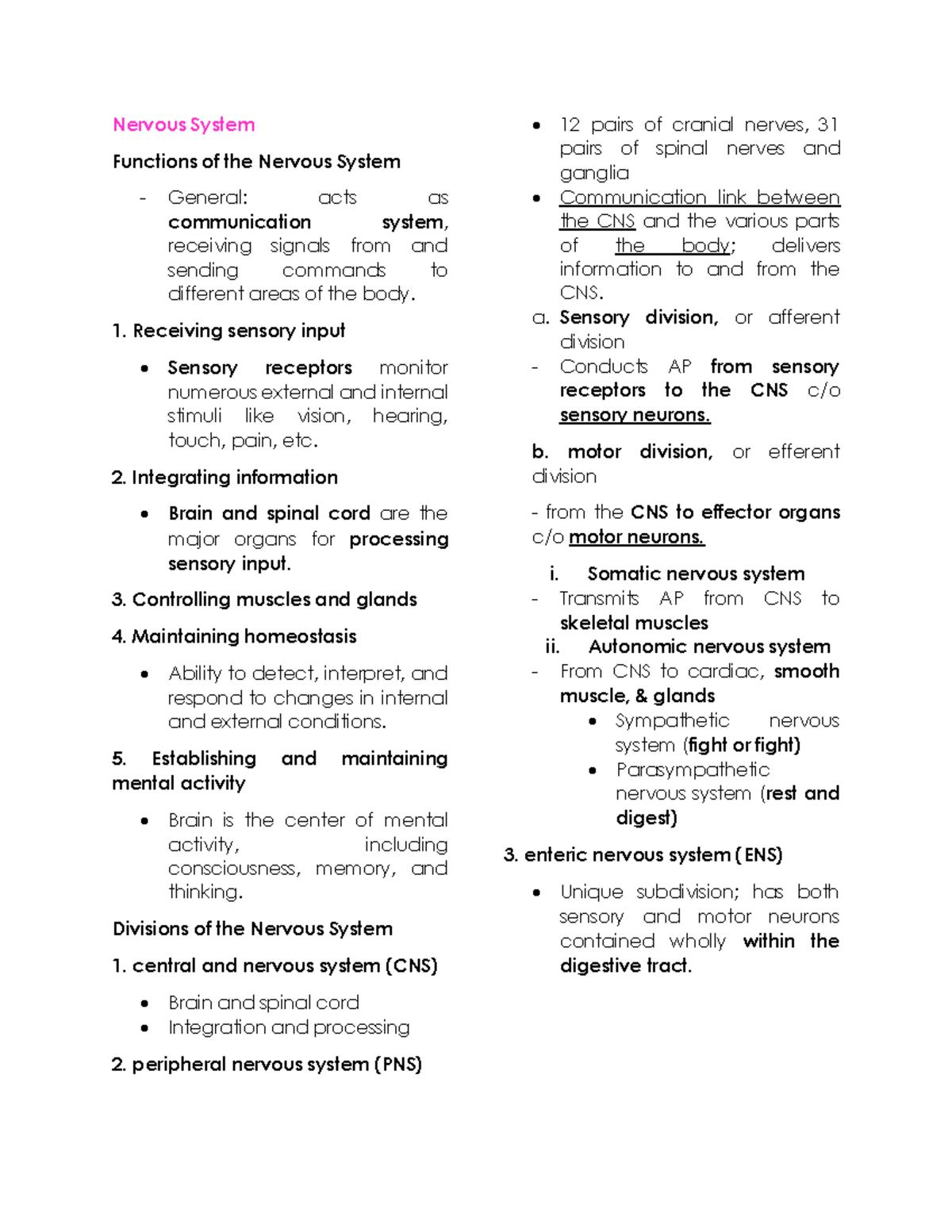 Nervous System - MIDTERM - Nervous System Functions of the Nervous ...