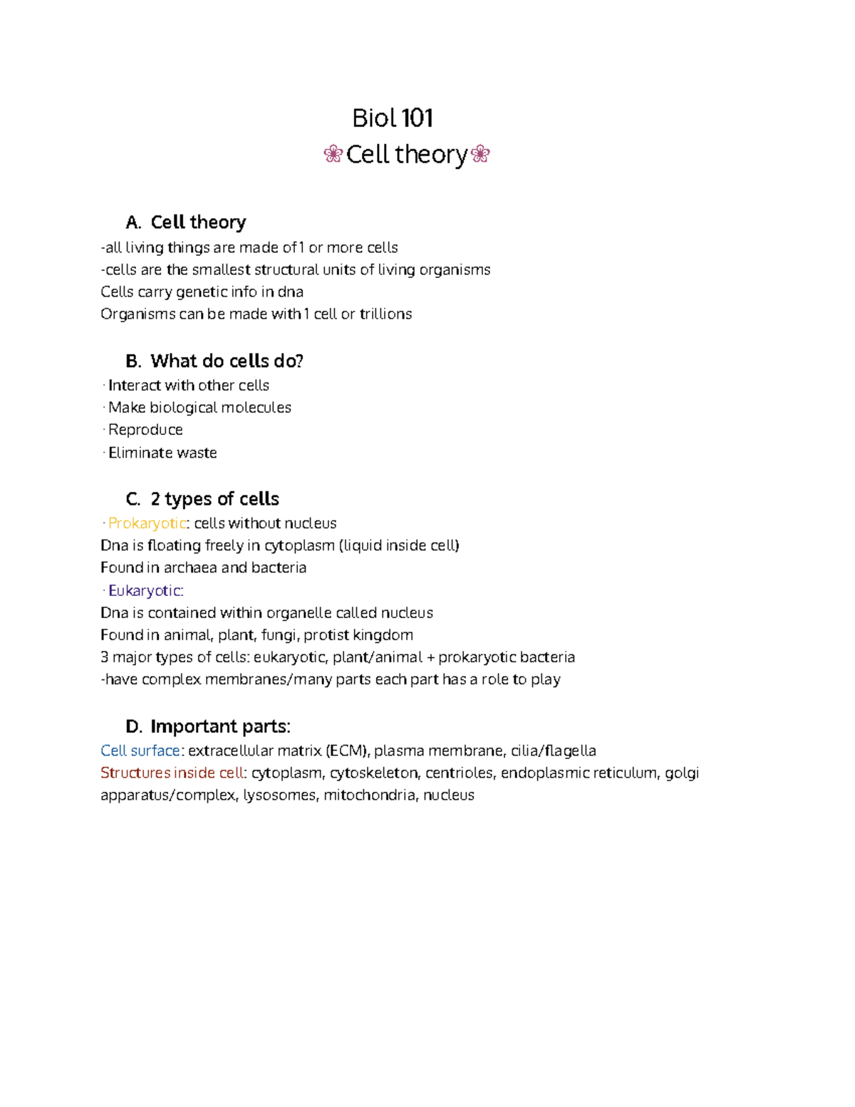 Biol 101 Lecture Notes: Cell theory - Biol 101 Cell theory A. Cell ...