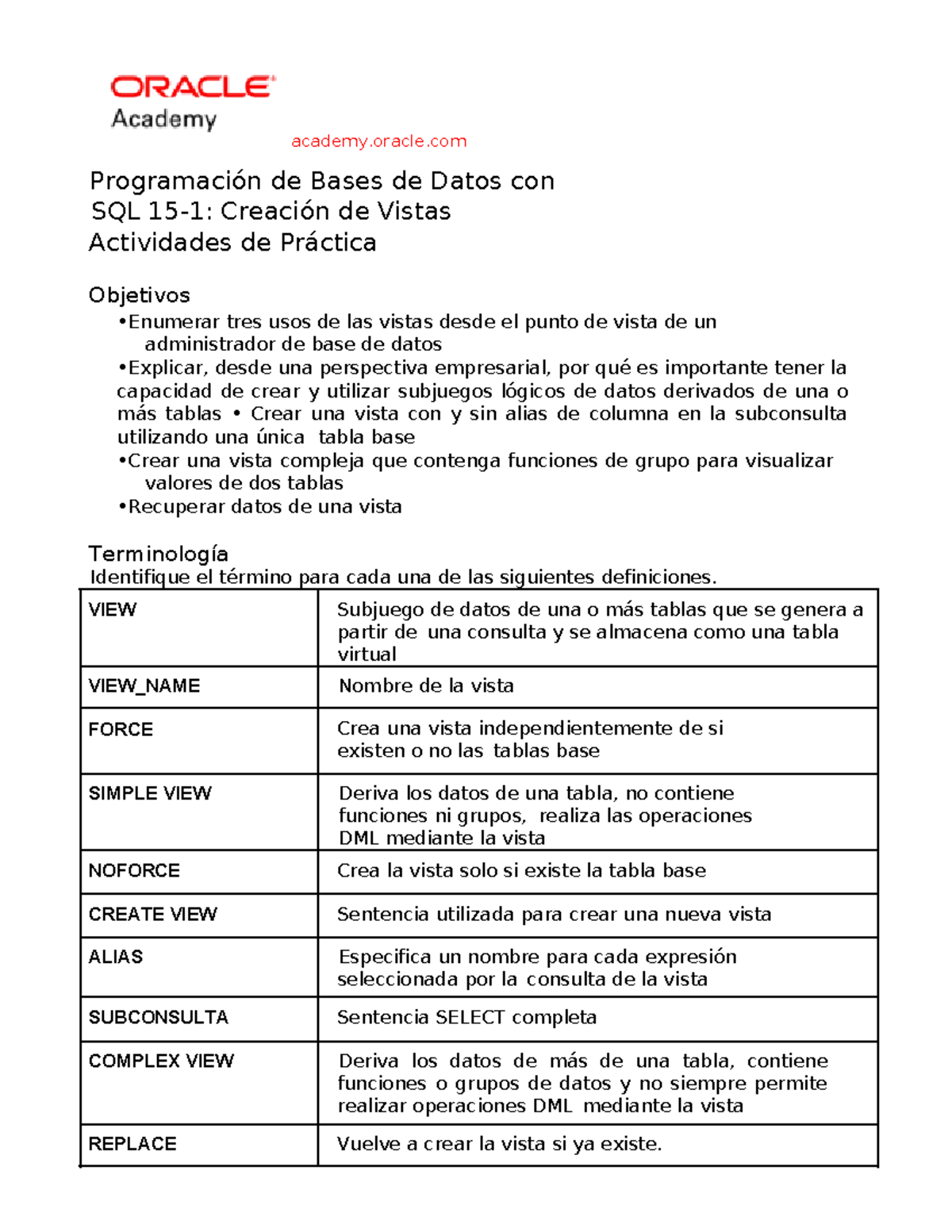 DP 15 1 Practice esp - academy.oracle Programación de Bases de Datos con SQL 15-1: Creación de ...