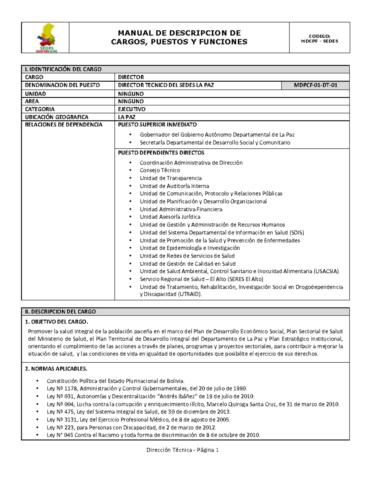 Manual DE Descripcion DE Cargos Puestos Y Funciones DE LA DireccióN TÉ Cnica DEL Sedes - CARGOS ...