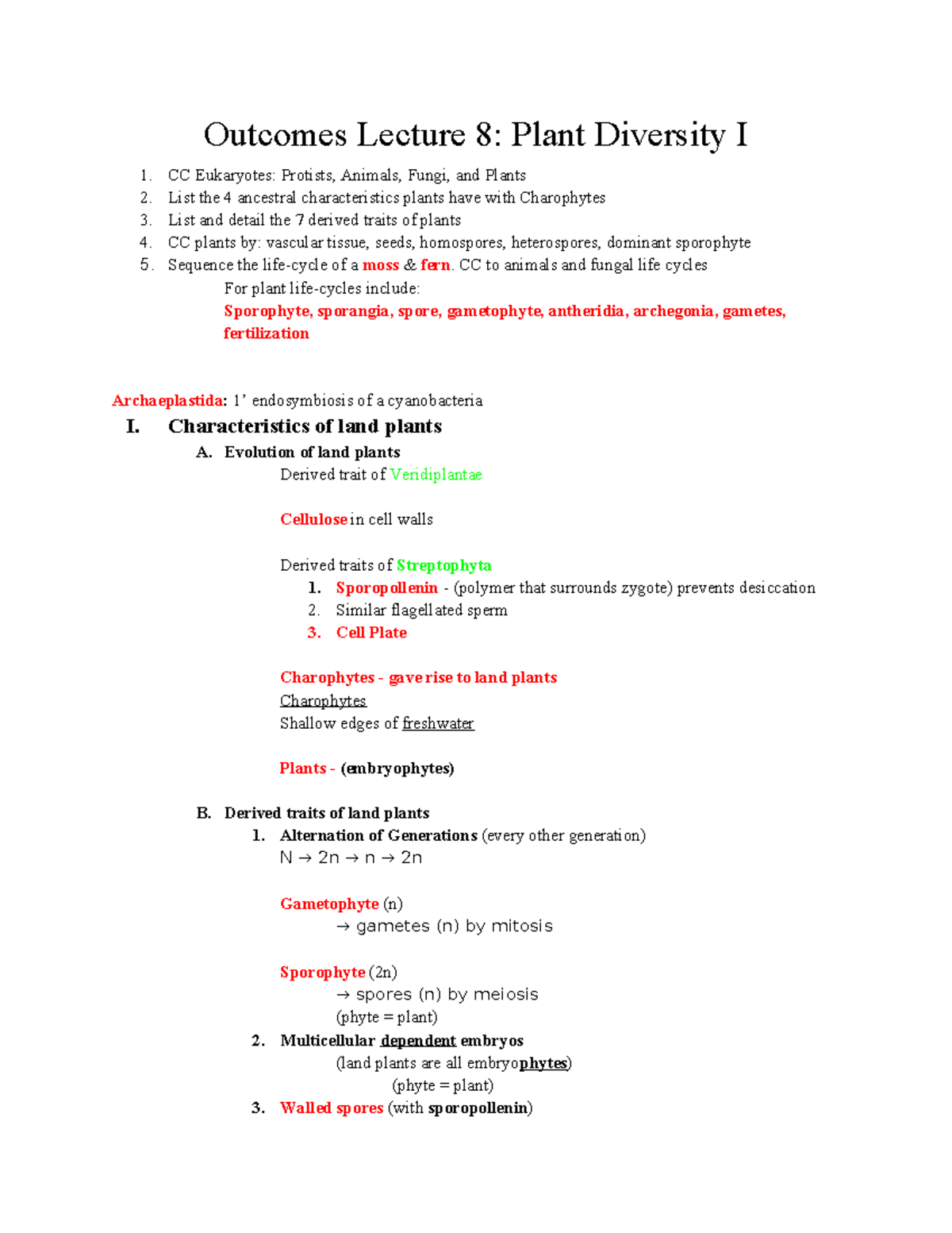 Lecture 8 Plant Diversity I - CC to animals and fungal life cycles For ...