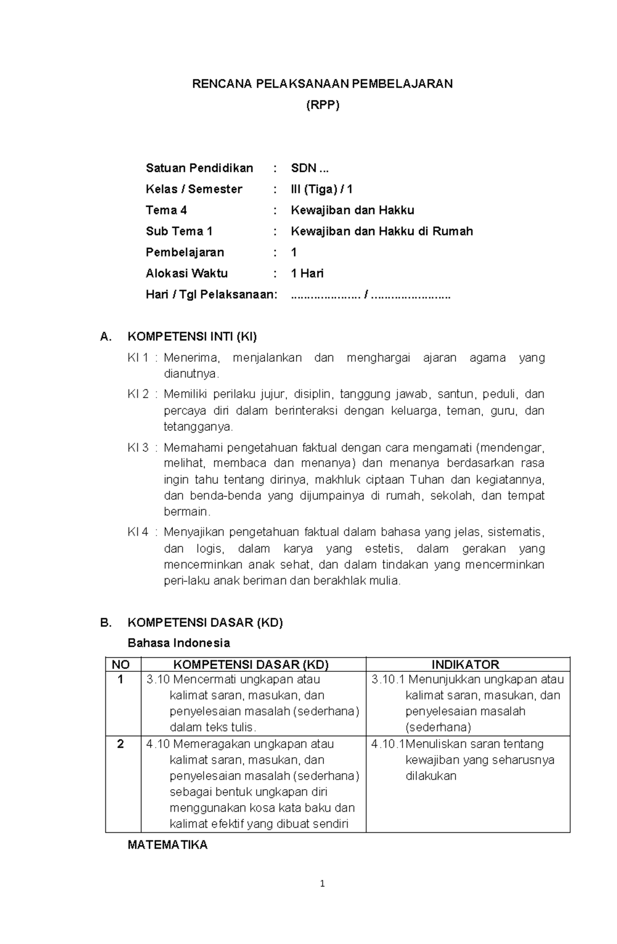 Rpp-sd-kelas-3-tema-4 compress - RENCANA PELAKSANAAN PEMBELAJARAN (RPP) Satuan Pendidikan : SDN ...