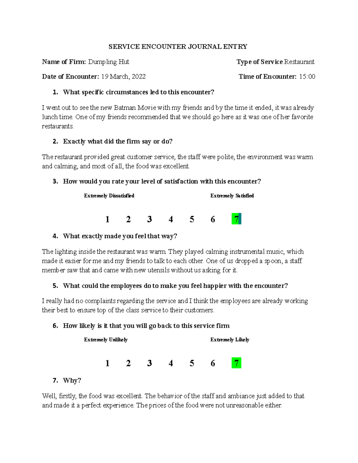 Journal Dumpling Hut Farhan Tajwar - SERVICE ENCOUNTER JOURNAL ENTRY ...