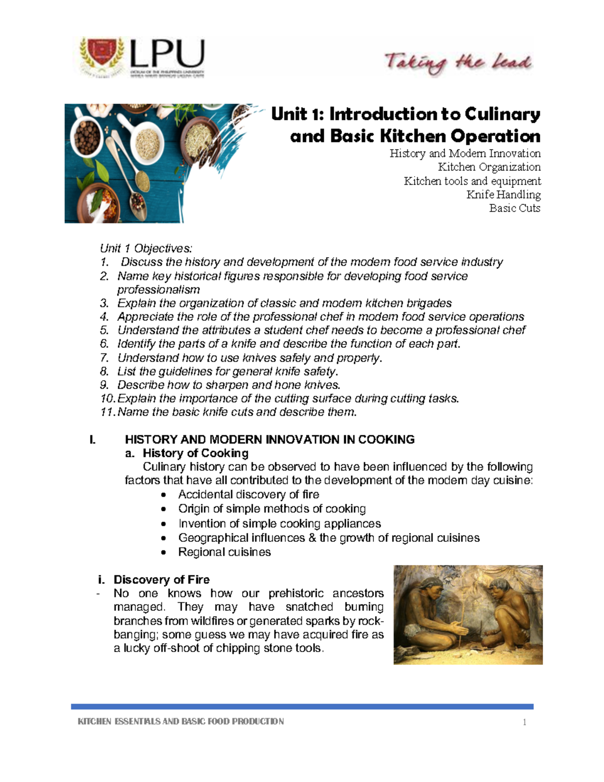 KITCHEN OPERATIONS MODULE - _Unit 1 Objectives: Discuss the history and ...