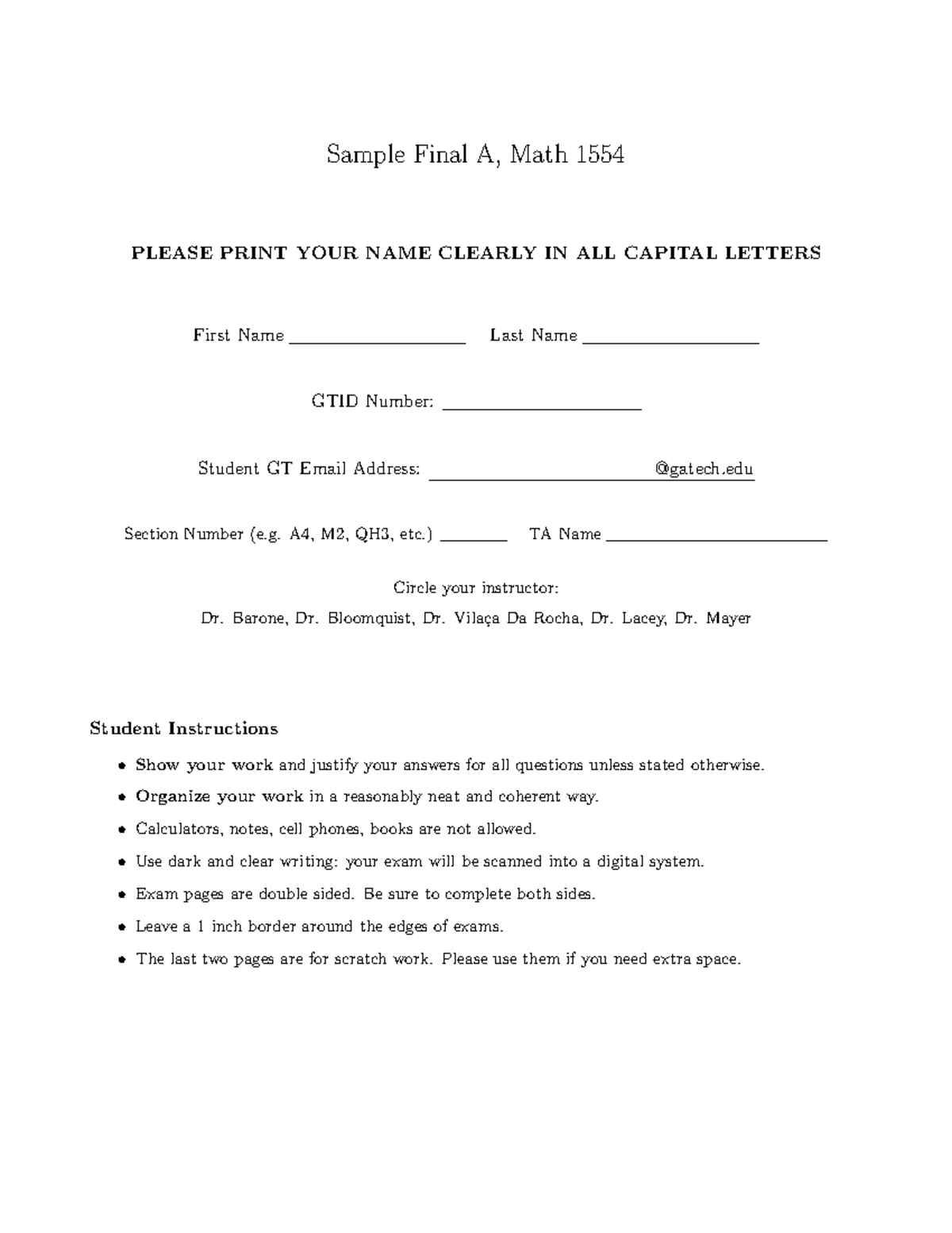 Sample Final AWith Solutions - Sample Final A, Math 1554 PLEASE PRINT ...