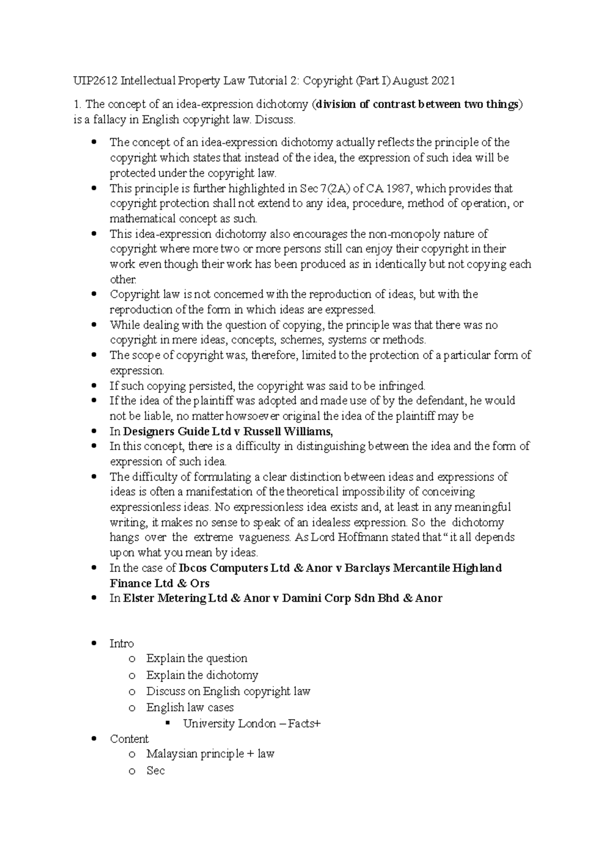 IPL Tuto 2 - Guideline - UIP2612 Intellectual Property Law Tutorial 2 ...