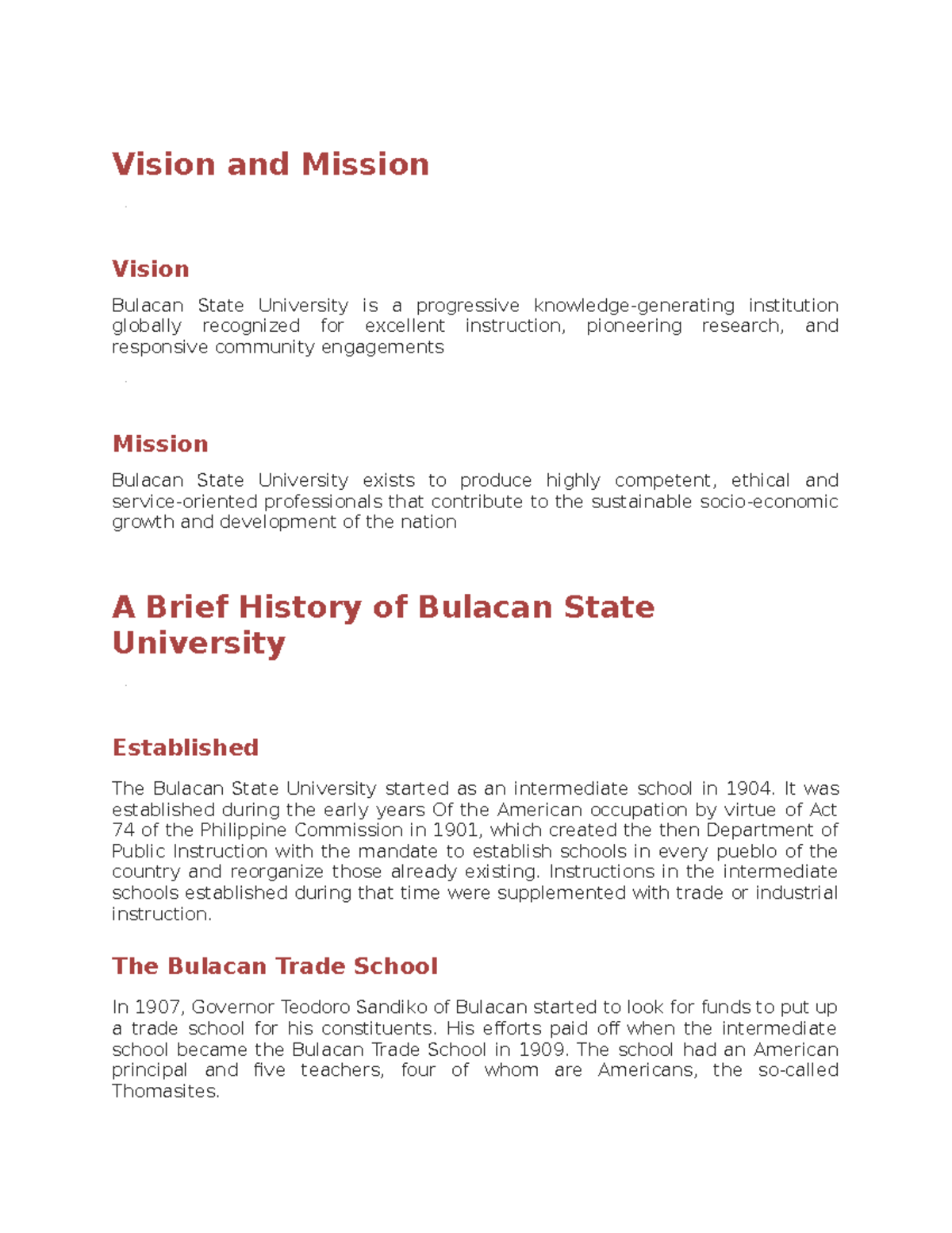 Vision and Mission - Vision and Mission Vision Bulacan State University ...