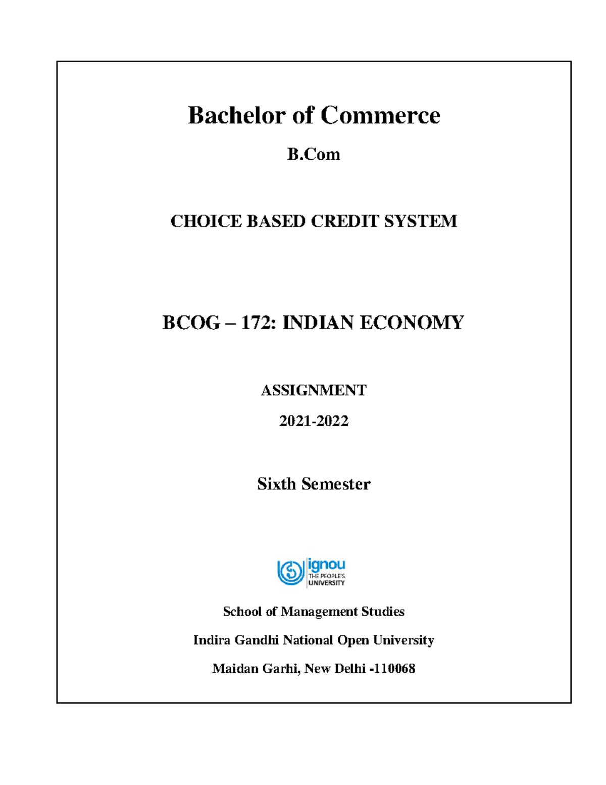 BCOG-172 Indian Economy - Bachelor of Commerce B CHOICE BASED CREDIT SYSTEM BCOG – 172: INDIAN ...