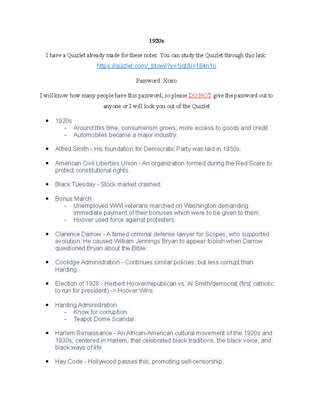 6. 1920s - These are notes I took from the course US History Since 1877 ...