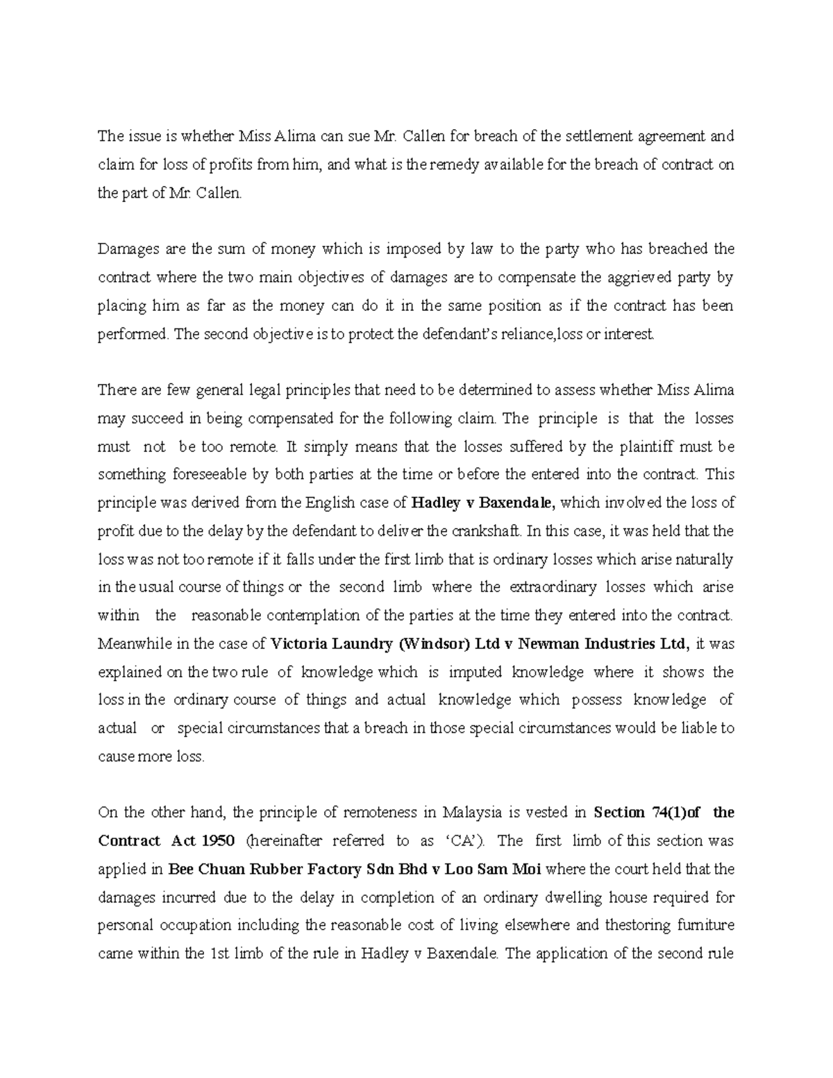 LAW549 Remedies for Contract Test - The issue is whether Miss Alima can ...