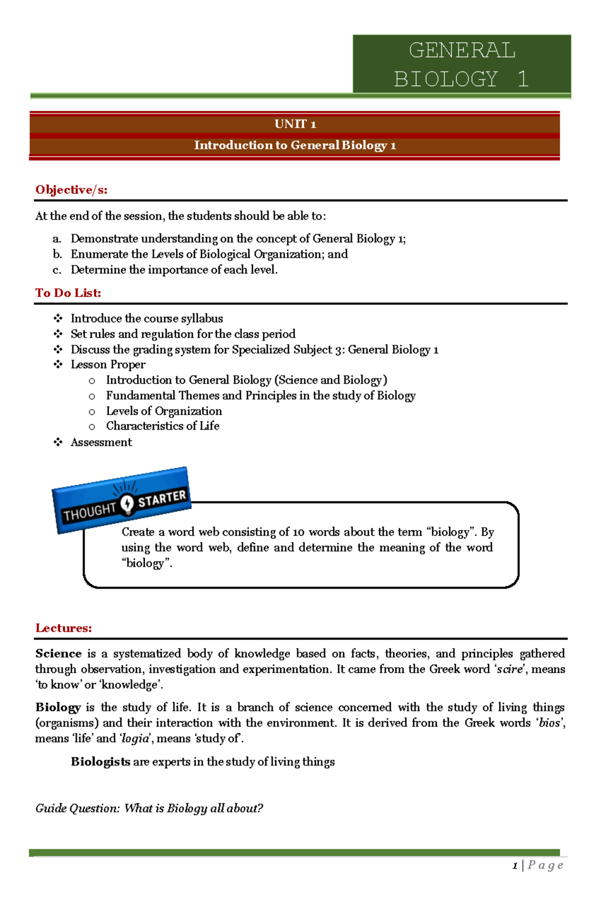 General Biology 1 M - PLV Text Book - BIOLOGY 1 UNIT 1 Introduction to ...