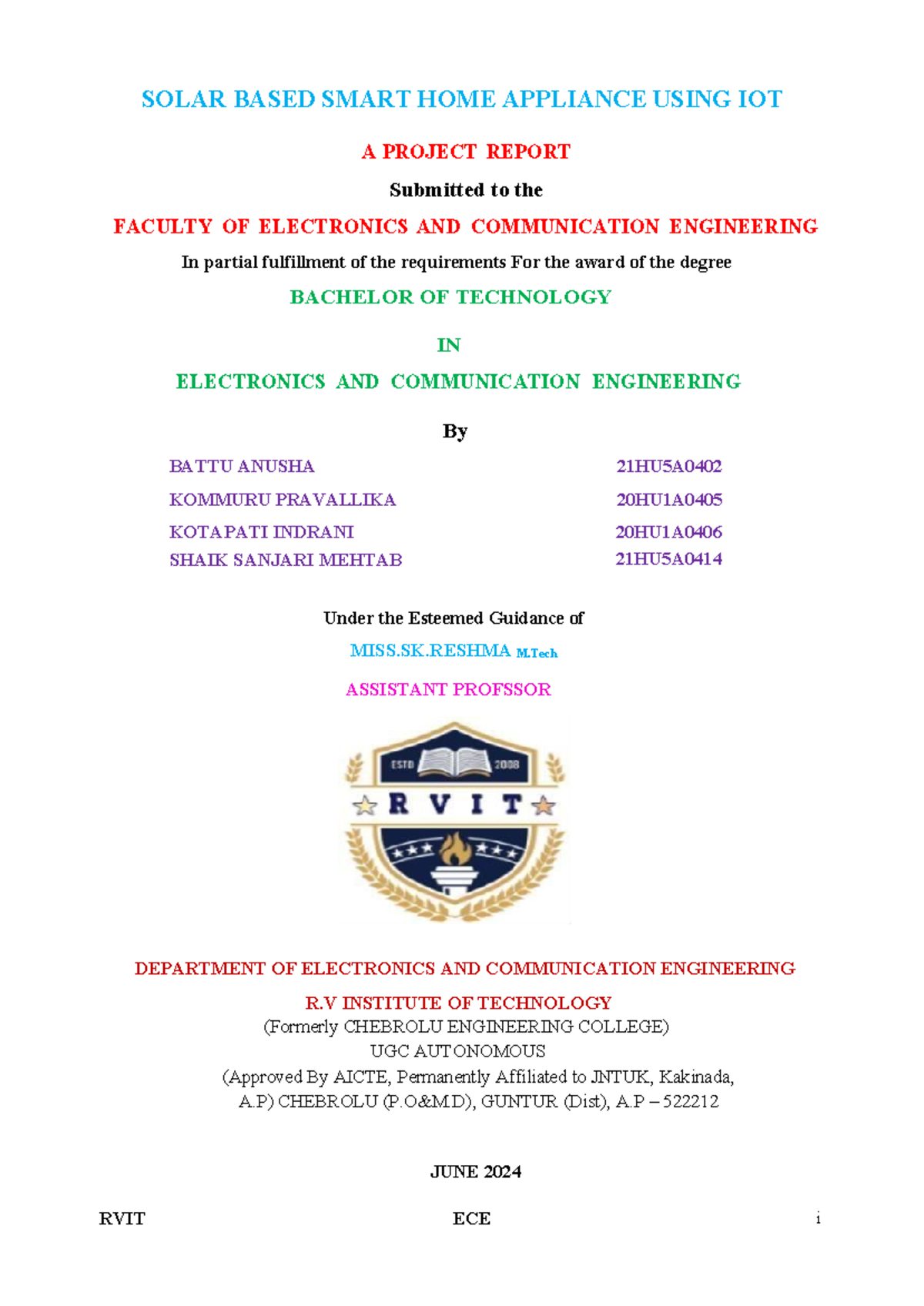 Final project smart home - RVIT ECE i SOLAR BASED SMART HOME APPLIANCE ...