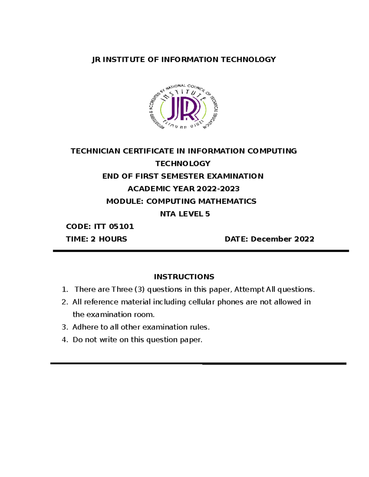 Computing Mathe FE - JR INSTITUTE OF INFORMATION TECHNOLOGY TECHNICIAN ...
