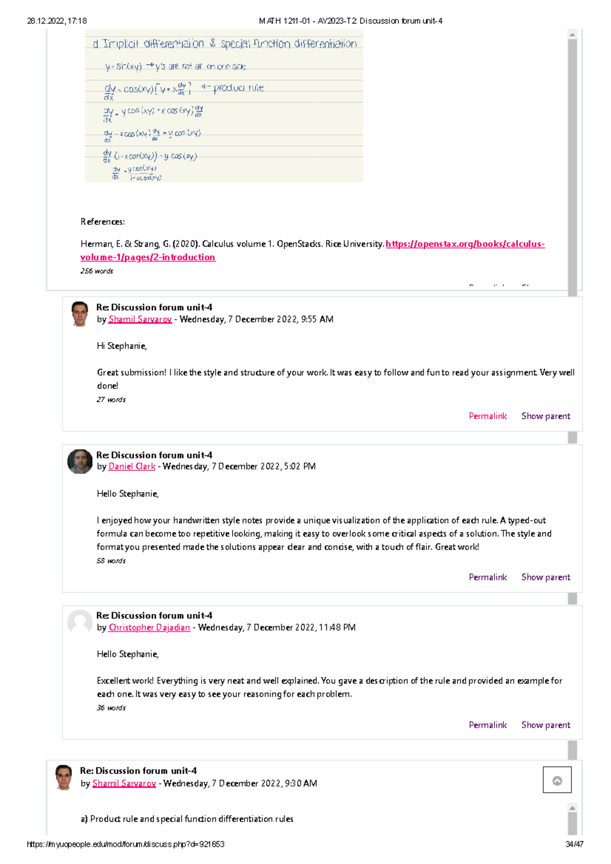 Discussion forum unit 4 - 28.12, 17:18 MATH 1211-01 - AY2023-T2: Discussion forum unit- - Studocu