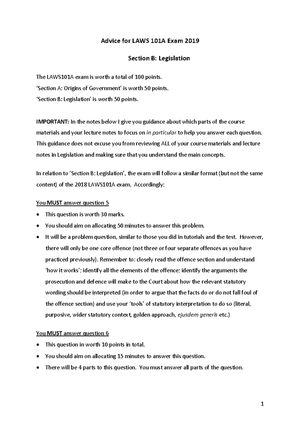 Advice for LAWS 101 A Legislation Exam 2019 - Warning: TT: undefined function: 32 Warning: TT ...