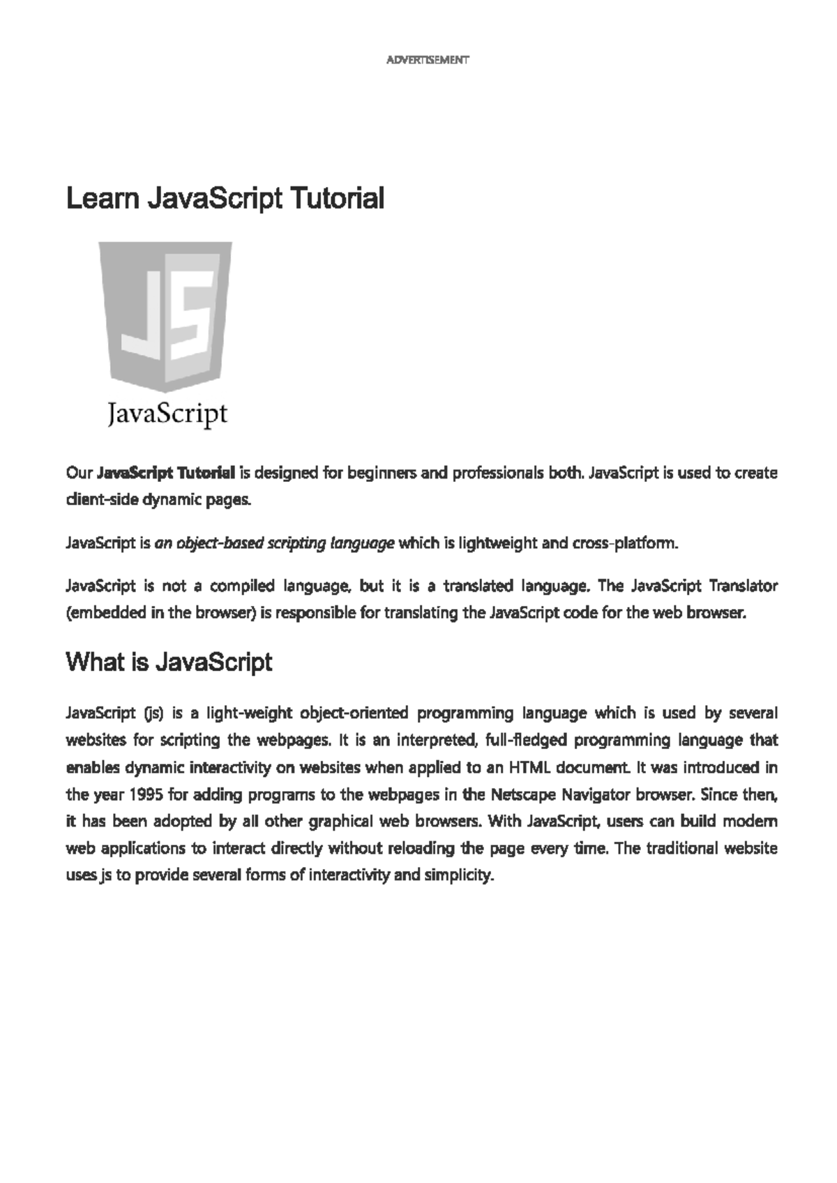 1 Introduction Introduction To Javascript Advertisement Learn