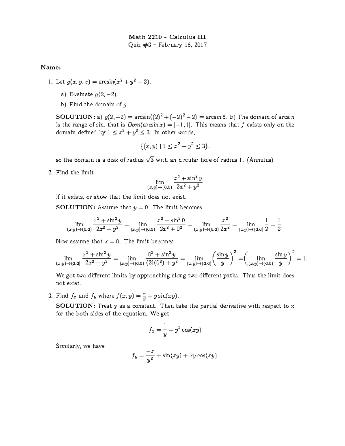 2210 04 Sp17 Quiz 3 - Calculus 2 - Quiz Week 3 - Math 2210 - Calculus ...